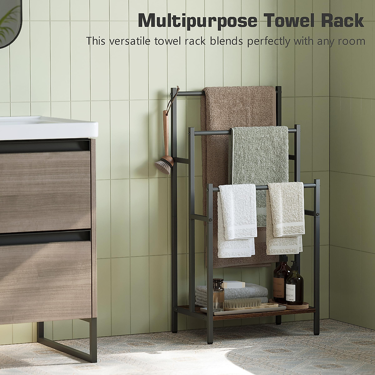 Freestanding Towel Rack Stand for Bathroom, 3 Tier Blanket Ladder Holder, Towel Drying and Display Rack with Shelf, Metal Blanket Rack, Farmhouse Rustic Brown and Black