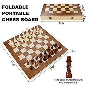 Juegoal 17" Wooden Chess & Checkers Set, 2 in 1 Board Games for Kids and Adults, with Felted Game Board Interior for Storage, Travel Portable Folding Chess Game Sets, 2 Extra Queen, 24 Checkers Pieces