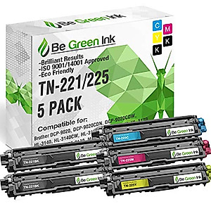 Be Green Ink Compatible Toner Cartridges for Brother DCP-9020, HL-3140, HL-3150, HL-3170, MFC-9130, MFC-9140, 9330, 9340 – TN221 TN225 Toner TN221BK, TN225C, TN225M, TN225Y (5 Pack, 2B,1C,1M,1Y)