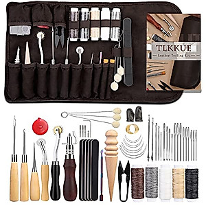 TLKKUE Leather Working Tools Leather Sewing Kit Leather Craft Tools with Storage Bag, Groover, Stitch Wheel, Waxed Threads, Awl, Needles, Manual, Leather Making Kit for DIY Sewing Craft Projects