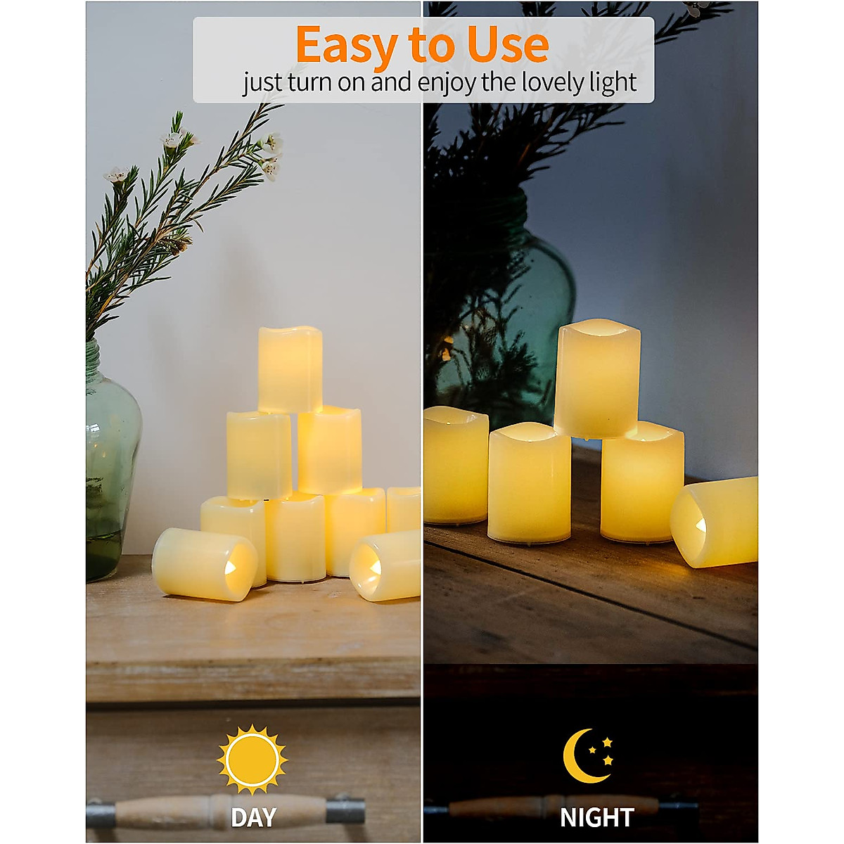 LOGUIDE Flameless Votive Candles,2 Inch Battery Operated Candles,24 pcs Last 6Days Longer Flickering LED Electric Fake Candle Bulk for Halloween,Party,Christmas,Wedding Proposal Decorations,Warm White