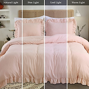 Fashionwu Duvet Cover Queen Size, Microfiber Ruffled Duvet Cover Set Soft and Breathable Queen Duvet Cover Set for All Season 3 Pieces (1 Duvet Cover, 2 Pillowcases), Pink