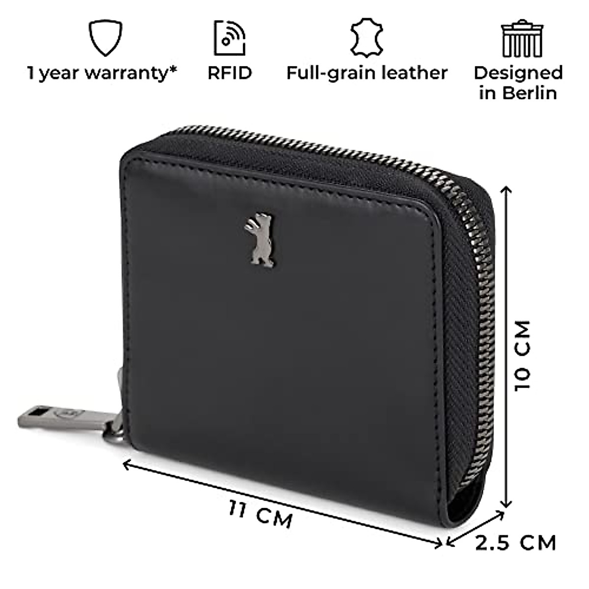 BERLINER BAGS Premium Leather Wallet Geneva, RFID Shielded Zip-Around Card Case with Neck Strap for Men, Women - Black