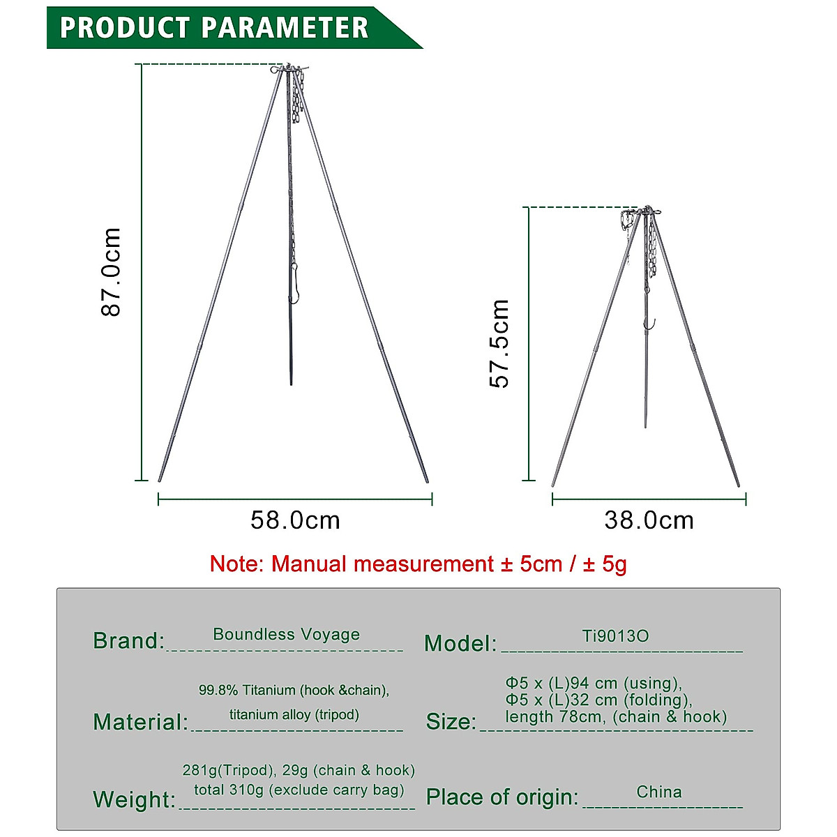 iBasingo Outdoor Titanium Pot with Lid Folding Handle Camping Hanging Cookware Hiking Picnic Ultralight Bowl Tableware (Ti9013O-Tripod)