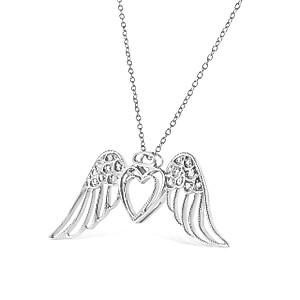 Haus of Brilliance .925 Sterling Silver Pave-Set Diamond Accent Angel Wing 18" Double Heart Pendant Necklace (I-J Color, I1-I2 Clarity)