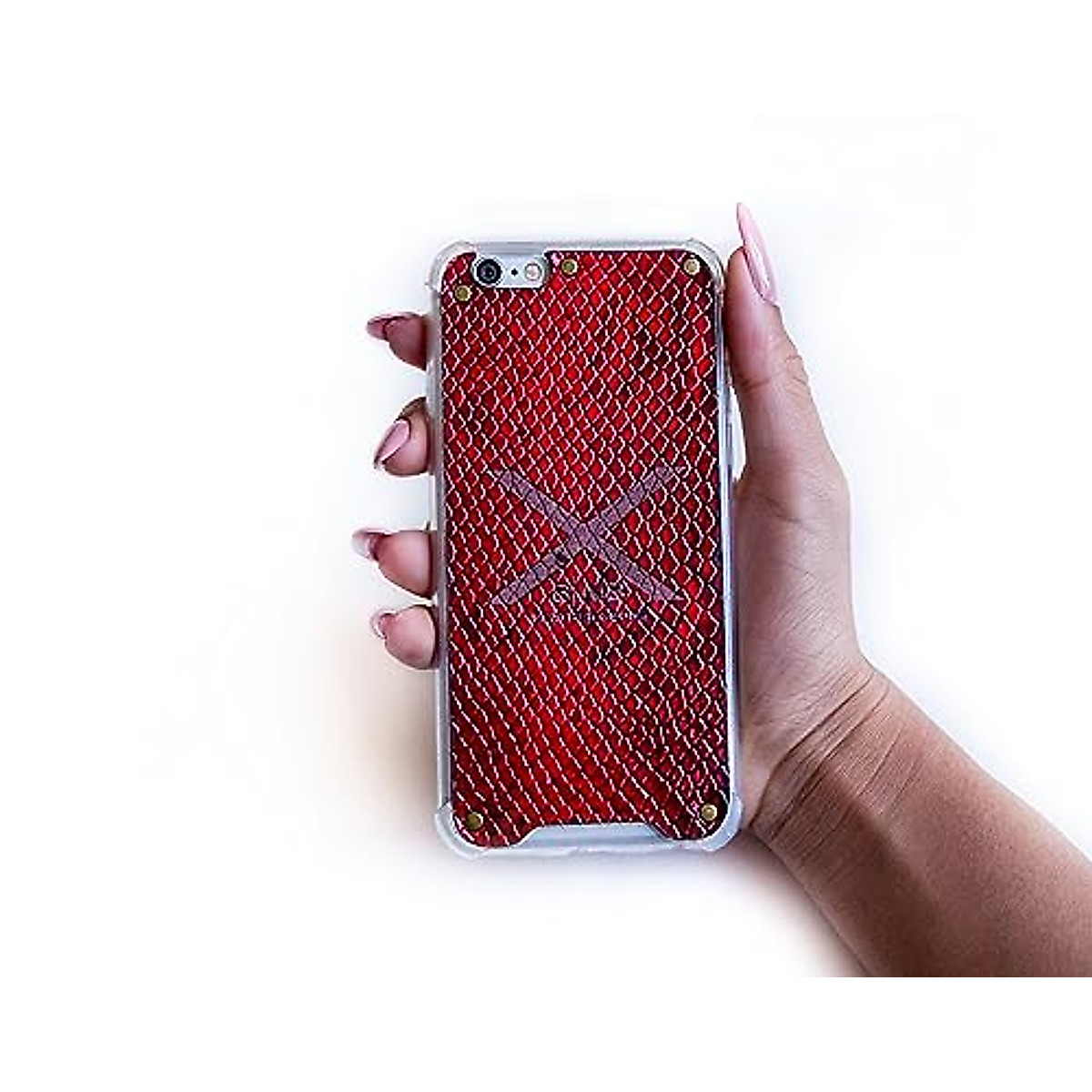 Luxurious Genuine Varnished Python Pattern Leather Case for iPhone. Engraved and Laser-Cut with 5 Bronze Rivets.- F036 (iPhone XR, Varnished Red Python)