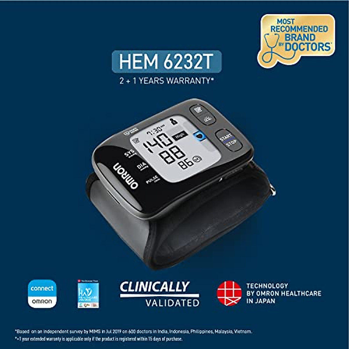 Omron Hem 6232T Wrist Blood Pressure Monitor (Black) Battery Powered