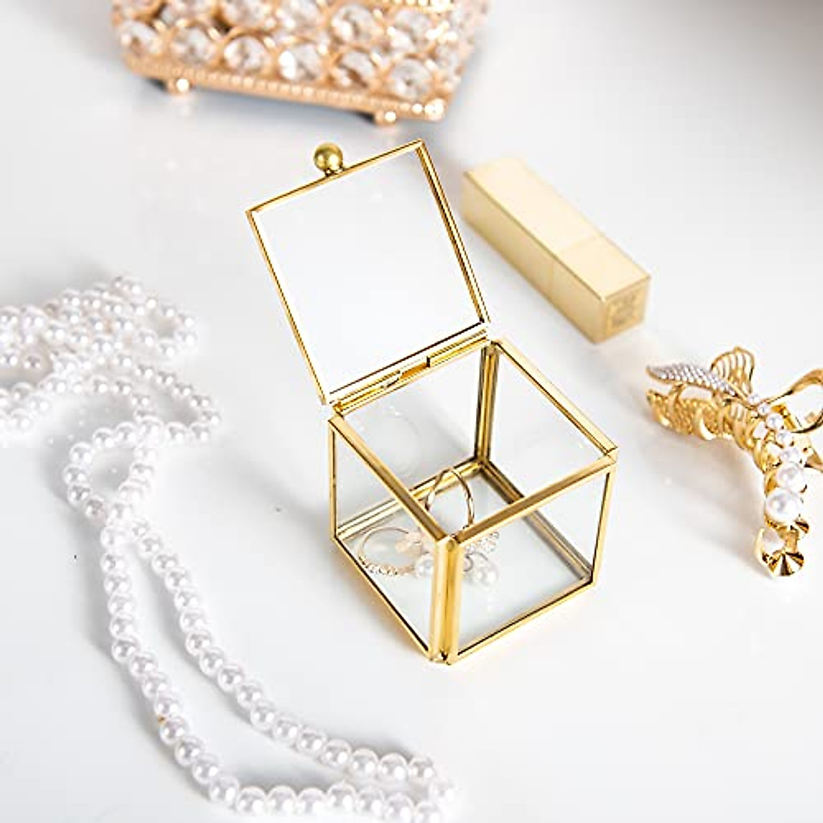 Feyarl Tiny Clear Glass Jewelry Trinket Box Ornate Rings Earrings Shadow Box Treasure Chest Organizer Decorative Keepsake Case with Lid for Wedding Birthday Gift (Gold)