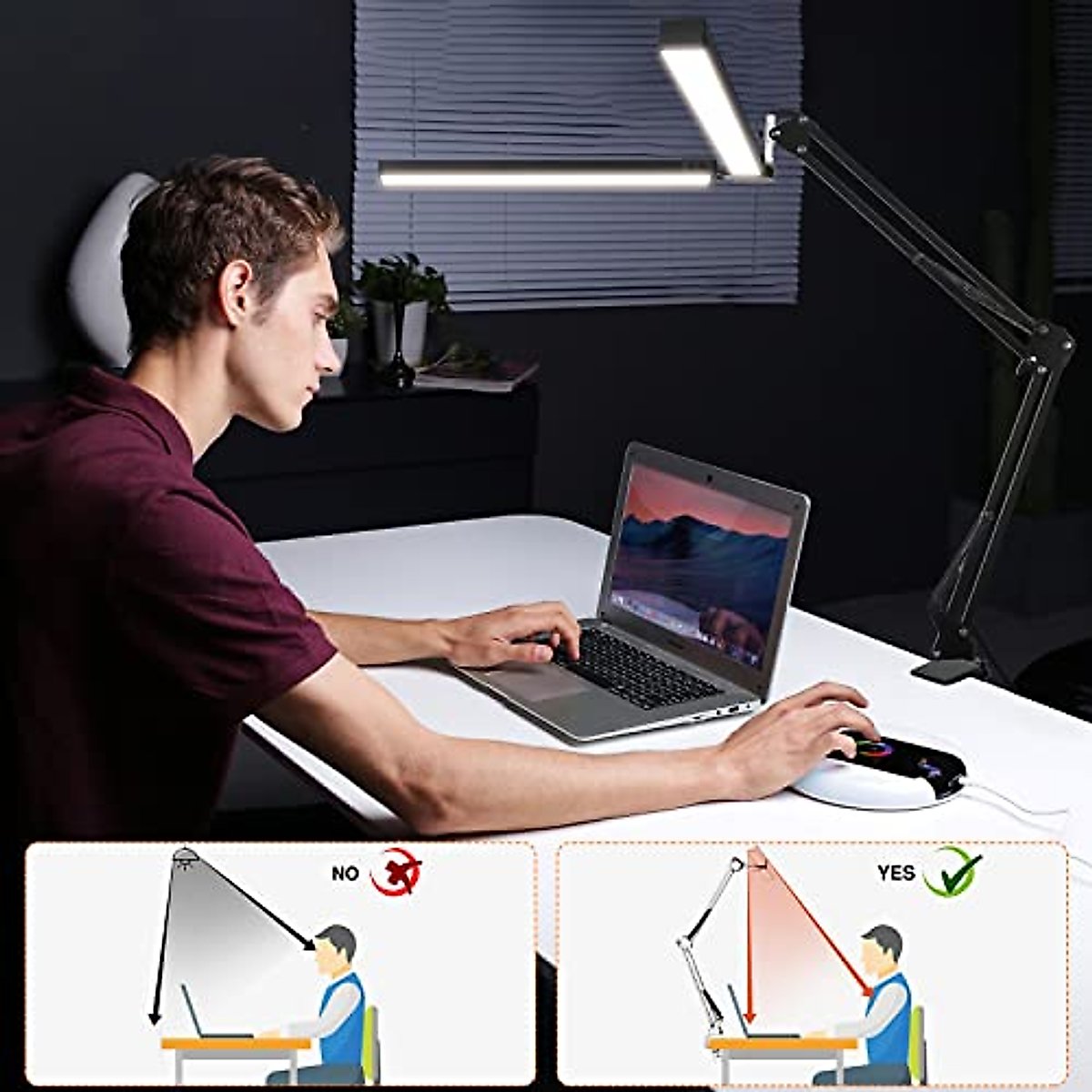 LED Desk Lamp, Desk Lamps for Home Office, 24W 1300lm Double Head Architect Desk Lamp, 28in Swing Arm Desk Light with Clamp, 3 Color Modes 10 Levels Dimmer Light for Working/Reading/Hobby Craft