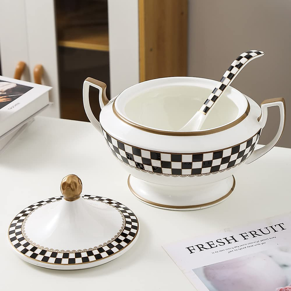 Porlien Checker Dinner Serving Set with Soup Tureen, Soup Ladles, Gravy Boat with Ladle and Stand and Salt & Pepper Shaker