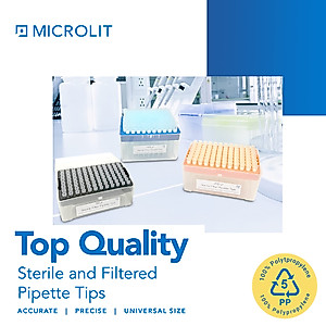 MICROLIT - Filtered Micropipette Pipette Tips, Low-Retention and Clean-Release Hydrophobic Transfer Pipette Tips, Universal Fit 1000 ul Pipette Tips, 480-Count Plastic Pipette Tips, 1 Pack of 5 Racks
