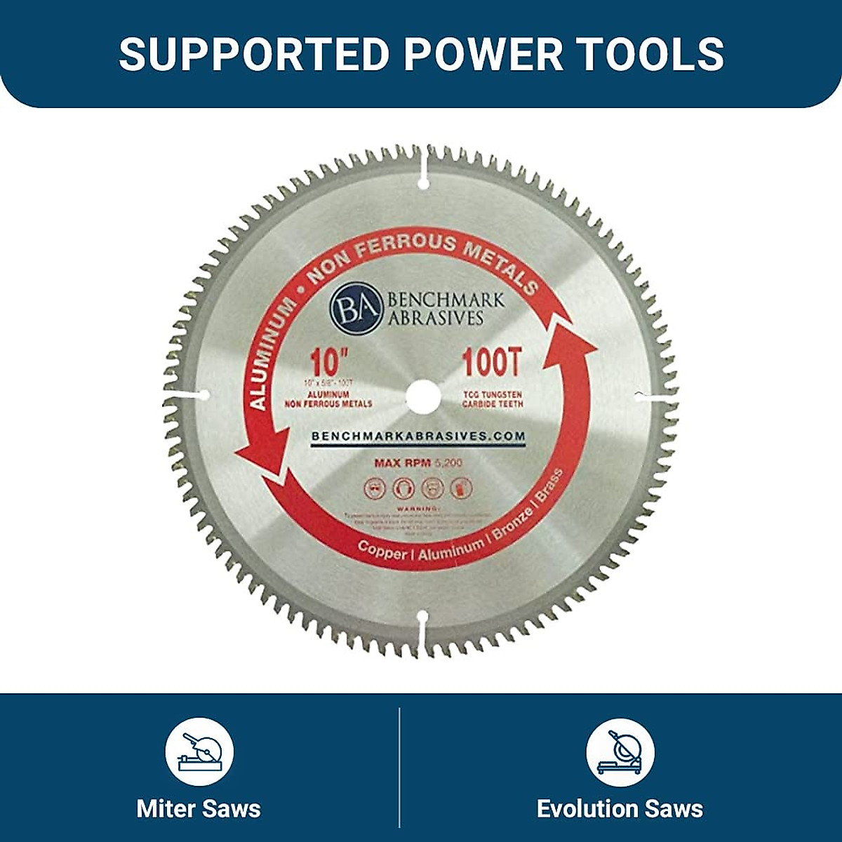 Benchmark Abrasives 10" TCT Saw Blade with 5/8" Arbor, Circular Saw Blades for Cutting Plastic Aluminum Non-Ferrous Metals Fiberglass, Smooth Cutting ‎(10" - 100 Teeth)