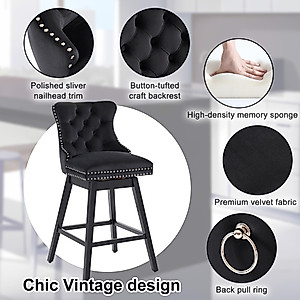 Fahomiss Swivel Bar Stools, Barstool Set of 4 with Back, Bar Height Stools, Black Barstools for Kitchen Island, Counter Height Velvet Bar Stools with Upholstered Seat, Wood Legs for Home Bar