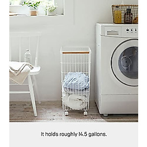 Yamazaki Home Wire Slim Saving Rolling Wheeled Clothing Hamper | Steel + Wood | Laundry Basket, One Size, White