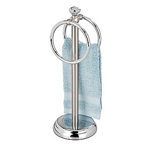 mDesign Steel Towel Rack Holder Stand with 2 Hanging Rings for Bathroom Vanity Countertops - Space Saving Hand Towel Holder - Hyde Collection - Chrome/Brushed