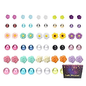Pibupibu 30 Pairs Mix Pearls Ball Daisy Rose Flower Assorted Earrings Studs Set, Hypoallergenic (30 Balls+Flowers)