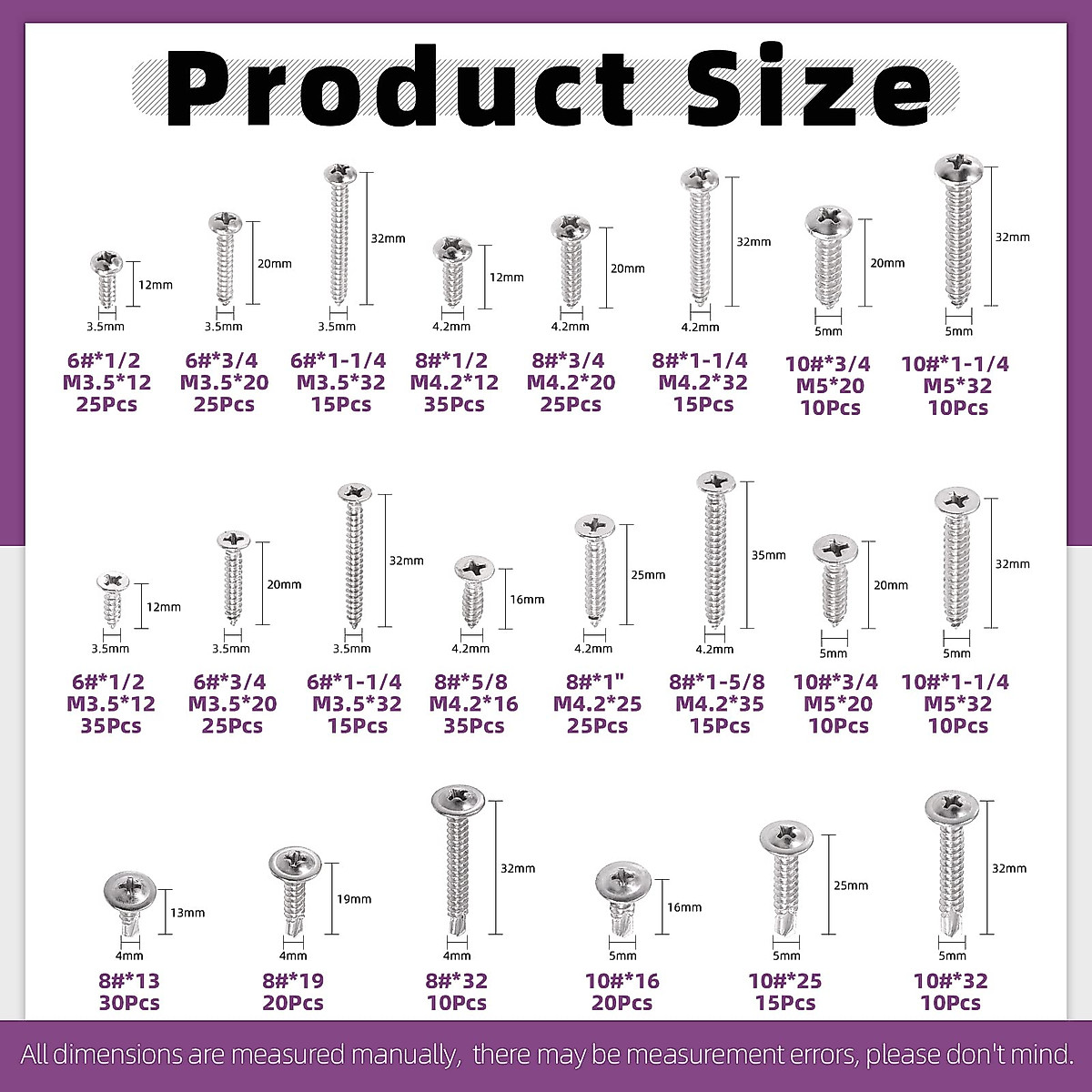 Swpeet 435Pcs 3 Types #6#8#10 SAE 304 Stainless Steel Round Pan Head and Phillips Flat Head Self Tapping Sheet Metal Screws Wood Screws with 410 Stainless Steel Truss Head Fast Self Tapping Screws