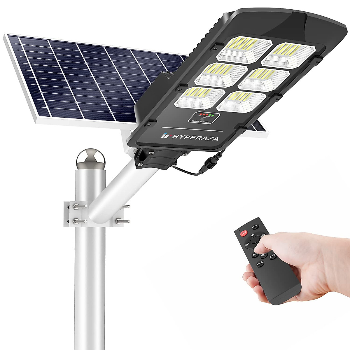 HYPERAZA Solar Street Light, 600W Solar Pole Lights Outdoor Dusk to Dawn Solar Flood Light with Remote Control IP66 6500K, Super Bright Solar Powered Lighting for Garage, Garden, Street