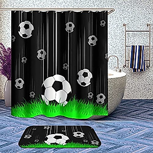 Soccer Shower Curtain Set Cartoon Black and White Football Shower Curtain Set with Rugs, Toilet Lid Cover and Bath Mat, 70.8×70.8