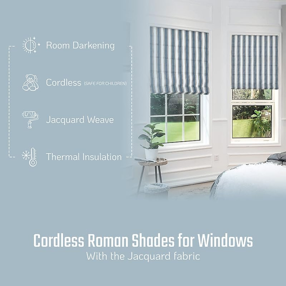 Everyday Celebration Roman Shades for Windows, Cordless Room Darkening Roman Window Shades, Pull Down Yarn-Dyed Vertical Stripe Window, Indoor Blinds & Shades with Woven Fabric, 35" W X 64" H, (Blue)