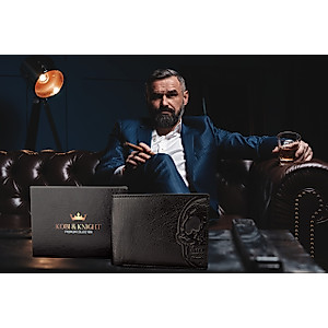 Kobi & Knight Mens Leather Skull Wallet | Bifold Wallet with Embossed Skull Design | Full Grain Leather Wallet in Gift Box | Gift Idea For Men