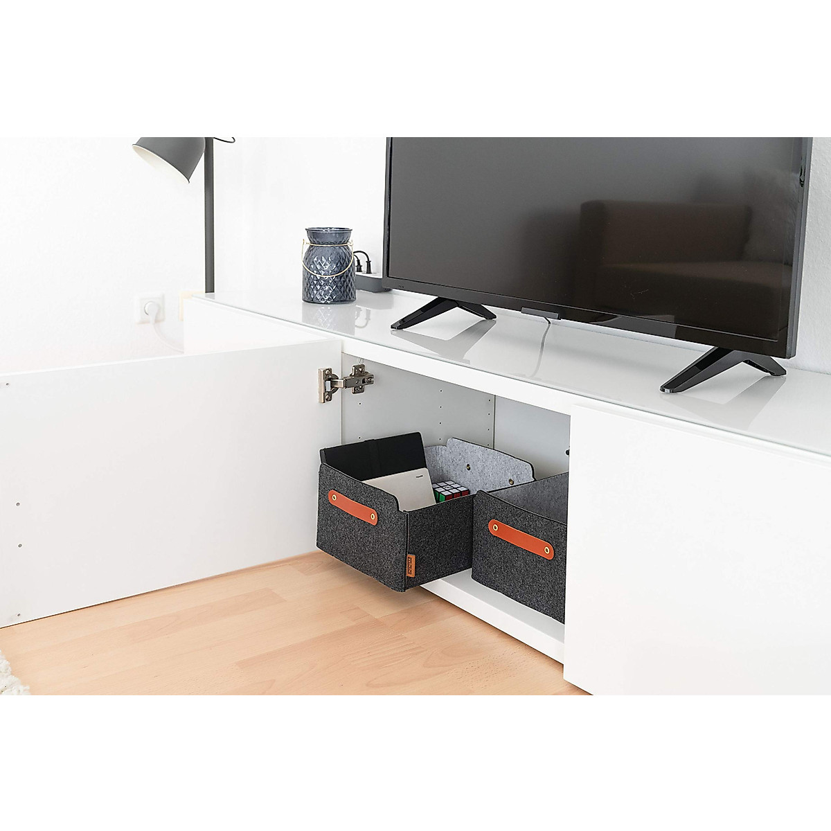 Miqio Storage Bin for Shelves | Felt and Leather | Set of 4 Boxes 12x10x6 | Rectangle Closet Baskets Foldable Box with Handles, Gray Storage Bins, Storage Boxes for Home Office Car Dormroom