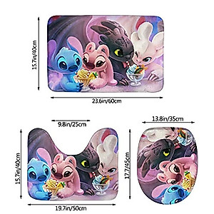 Stitch and Angel Bath Mat 3 Piece Set Anti-Skid Bathroom Carpet Set Soft Pads Bath Mat + Contour Pads + Toilet Lid Cover, Absorbent Carpet Bath and Mat Anti-Slip Pads Set