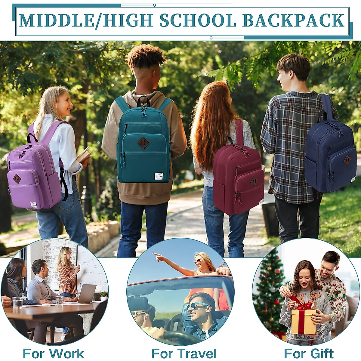 VASCHY School Backpack, Unisex Large Bookbag Schoolbag Casual Daypack for High School/College/Teens/Travel/Work for Men Women