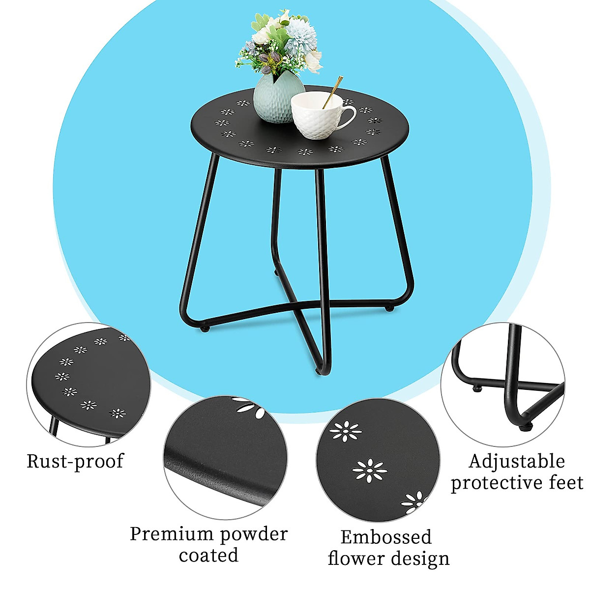 danpinera Outdoor Side Tables with Flower Cut Outs, Weather Resistant Steel Patio Side Table, Small Round Outdoor End Table Metal Side Table for Patio Yard Balcony Garden Black