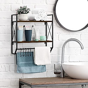 Towel Rack Wall Mounted Bathroom Shelf with Towel Bar 2 Tier Farmhouse Towel Rack Shelf Wooden Floating Shelf with Hooks for Bathroom Kitchen Living Room (Brown)