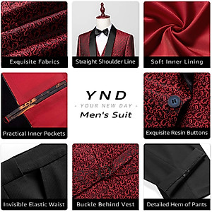 YND Men's 3 Piece Slim Fit Tuxedo Suit Set, One Button Shawl Collar Floral Business Blazer Jacket Vest Pants with Bow Tie, Red