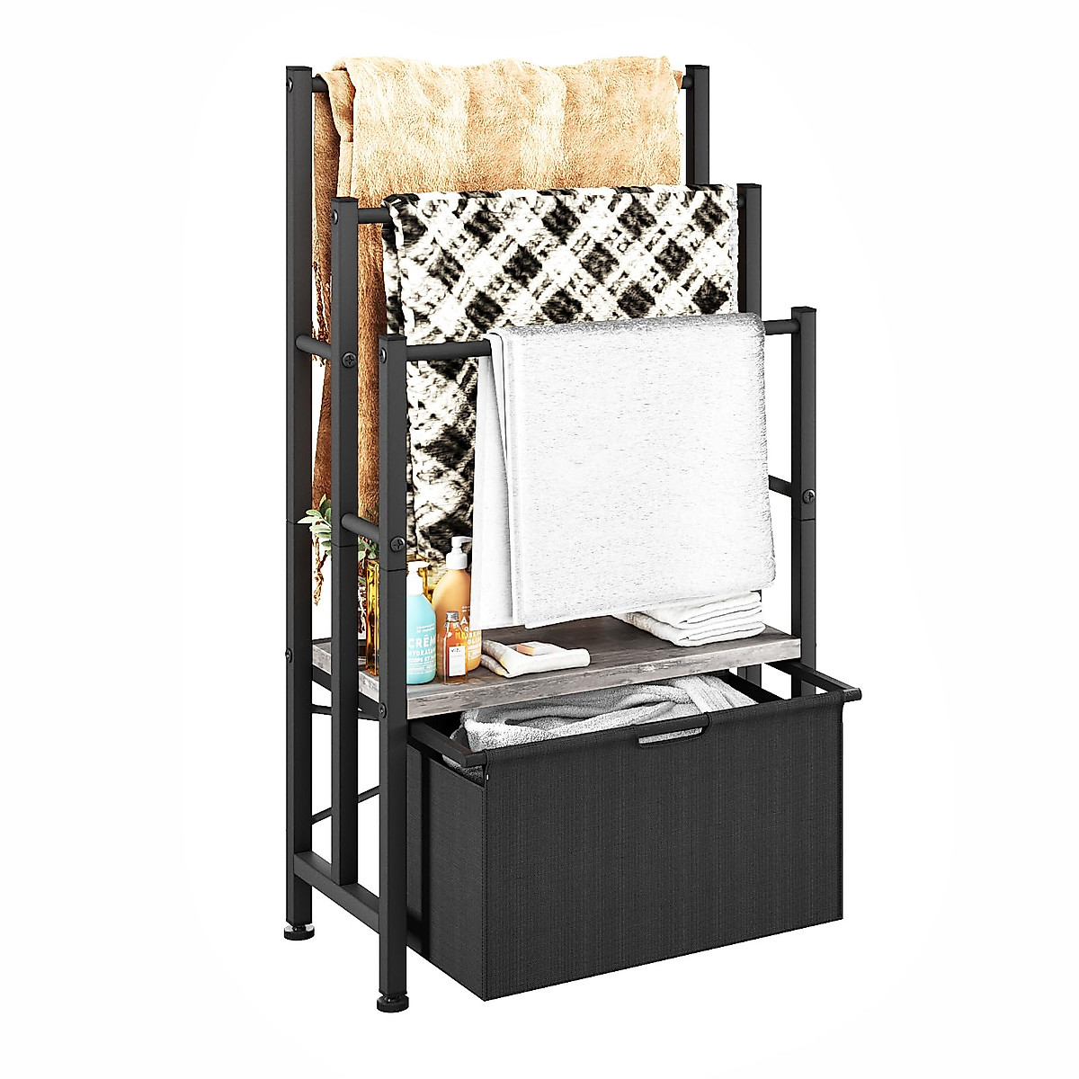 Rufokisa Freestanding Towel Rack with Drawer, 3 Tiers Standing Towel Racks for Bathroom, 23.6" L x 11.8" W x 43.3" H, Blanket Holder with Shelf, Upgrade Steady Design, Grey