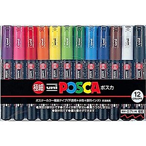 Uni-posca Paint Marker Pen - Extra Fine Point - Set of 12 (PC-1M12C)