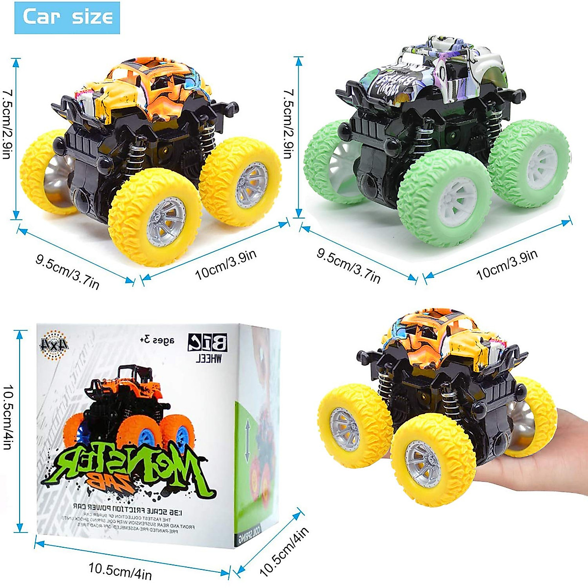 YQMYXG Monster Truck Toys Cars for Boys Toddlers 4 Wheels Drive Durable Friction Powered Car Toys for Kids Birthday Party 360 Degree Rotation Gift Suitable for Boys Girls over 3 years old(Yellow+Green