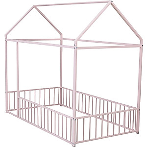 INDSUMOT Twin Size Montessori Floor Bed, Metal House Bed Frame with Fence Rails, Kids Playhouse Beds for Girls Boys Teens, Pink