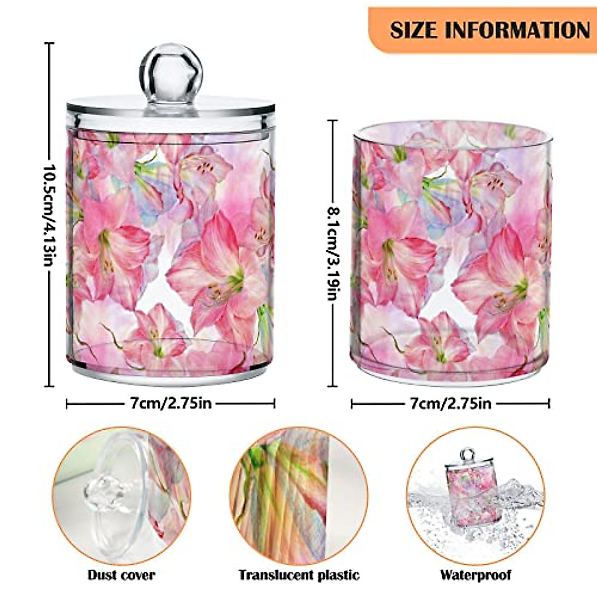 xigua 2 Pack Amaryllis Flowers Pink Apothecary Jars with Lid, Qtip Holder Storage Containers for Cotton Ball, Swabs, Pads, Clear Plastic Canisters for Bathroom Vanity Organization (10 Oz)