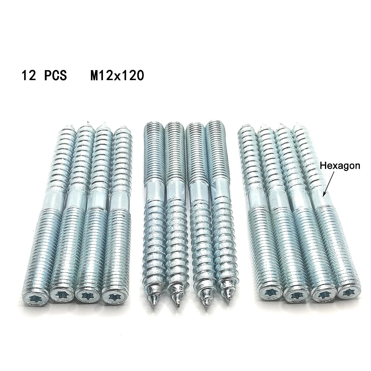 Haozheng Hanger Bolt M12x120 Silvery Double Headed Bolt Self-Tapping Screw with Hexagon for Furniture 12Pcs
