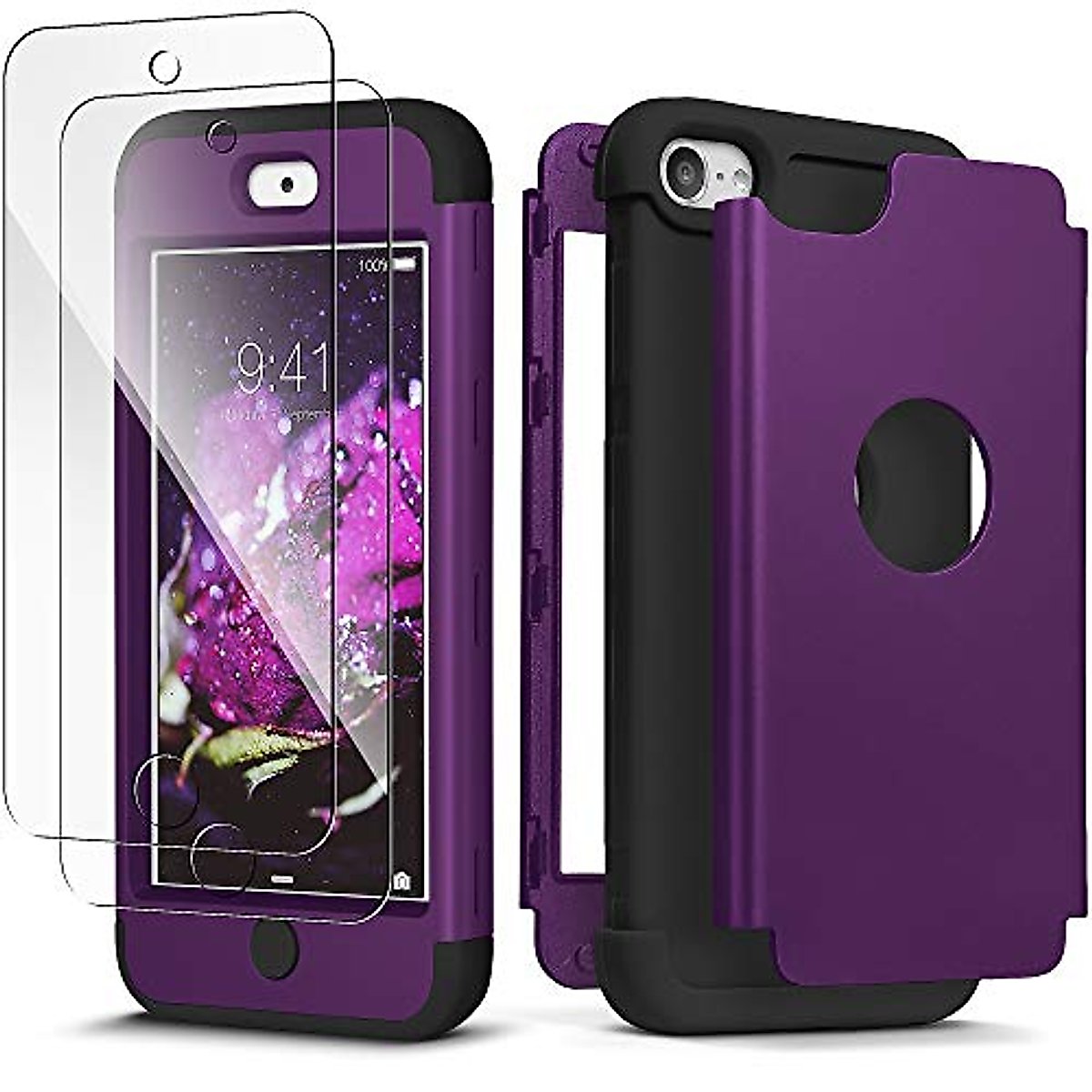 iPod Touch 7th Generation Case with 2 Screen Protector, IDweel Heavy Duty High Impact Shockproof Case Cover Protective Case for iPod Touch 5/6/7th Generation, Deep Purple+Black