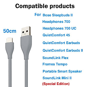 QC45 Charger Cable Replacement USB-C Charge Cord Compatible for Bose Noise Cancelling 700, QuietComfort 45 Headsets, QuietComfort Earbuds II, SoundLink Flex, Sleepbuds 2, Sport Earbuds (50cm/Grey)
