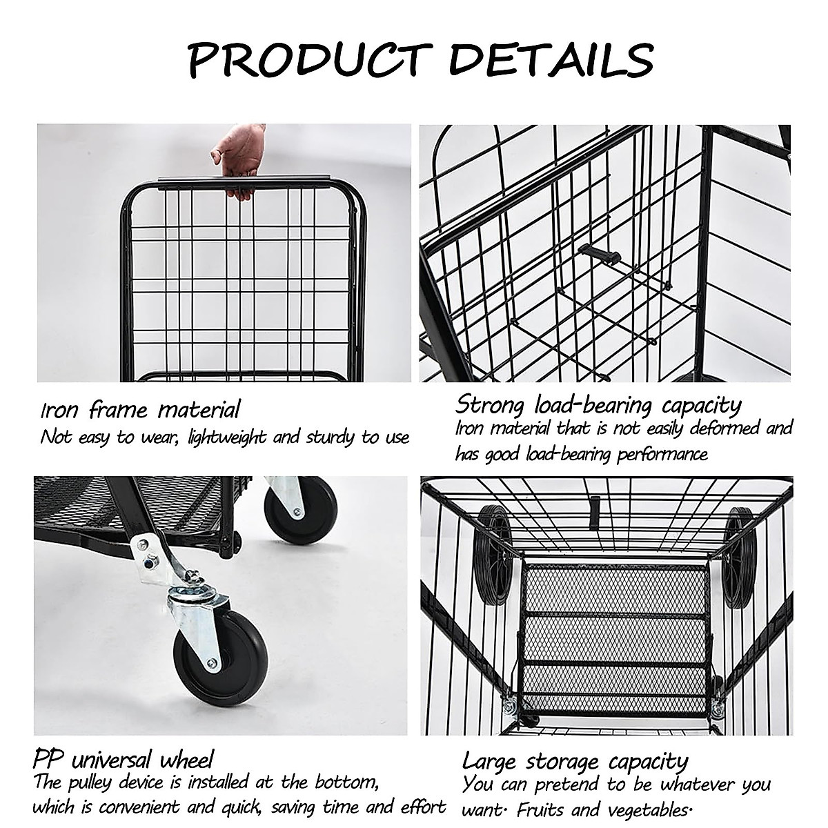 Shopping Cart for Groceries, Folding Grocery Cart with 360° Swivel Wheels & Double Basket, Portable Heavy Duty Utility Cart for Shopping/Laundry-Hold up to 440 Lbs