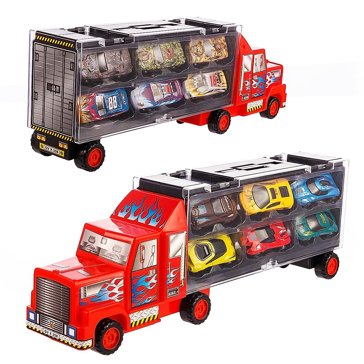 Tuko Car Toys Die Cast Carrier Truck Vehicles Toy for 3-12 Years Old Boy Girl Toy Gift(Includes 6 Alloy Cars,3 Animal Cars,3 Number Cars and Traffic Accessories)(Red)