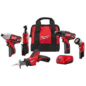Milwaukee M12 12V Cordless 5-Tools Combo Kit: 2407-20 3/8 in. Drill/Driver + 2462-20 1/4 in. Hex Impact Driver + 2420-20 Hackzall Recip Saw + 2457-20 3/8 in. Ratchet + 49-24-0146 LED Worklight