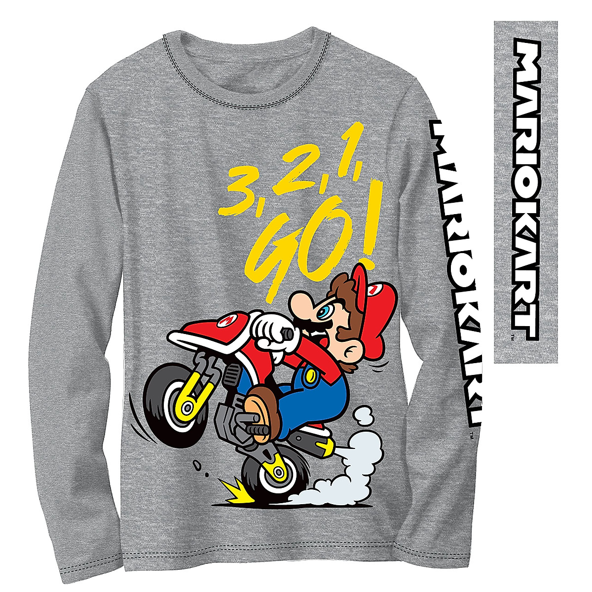 Isaac Morris Mariokart Big Boys Long Sleeve Tee, Grey 10-12 Years