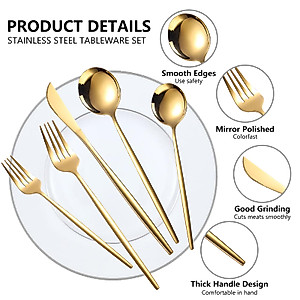 Gold Silverware Set, 30-Piece Stainless Steel Flatware Set Mirror Polished Cutlery Utensil Set Service for 6, Durable Home Kitchen Eating Tableware Set, Include Fork Knife Spoon Set, Dishwasher Safe