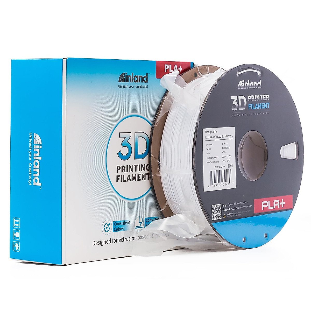 INLAND Micro Center PLA+ 3D Printing Filament 1.75mm - White PLA Plus 3D Printer Filament - PLA Pro Dimensional Accuracy +/- 0.03 mm - 1 kg Cardboard Spool (2.2 lbs)