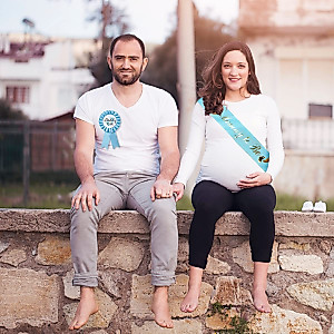 HUKONHEP 2 Packs Blue Baby Shower Sash, Mommy to Be Sash and Daddy to Be Badge, Baby Shower Decorations for Boys, Gender Reveals Gift