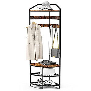 GiftGo Corner Hall Tree with Shoe Bench Entryway Coat Rack with 10 Metal Movable Hooks Freestanding Clothes Rack Shoes Shelf Organizer for Home Office Bedroom (Rustic Brown)