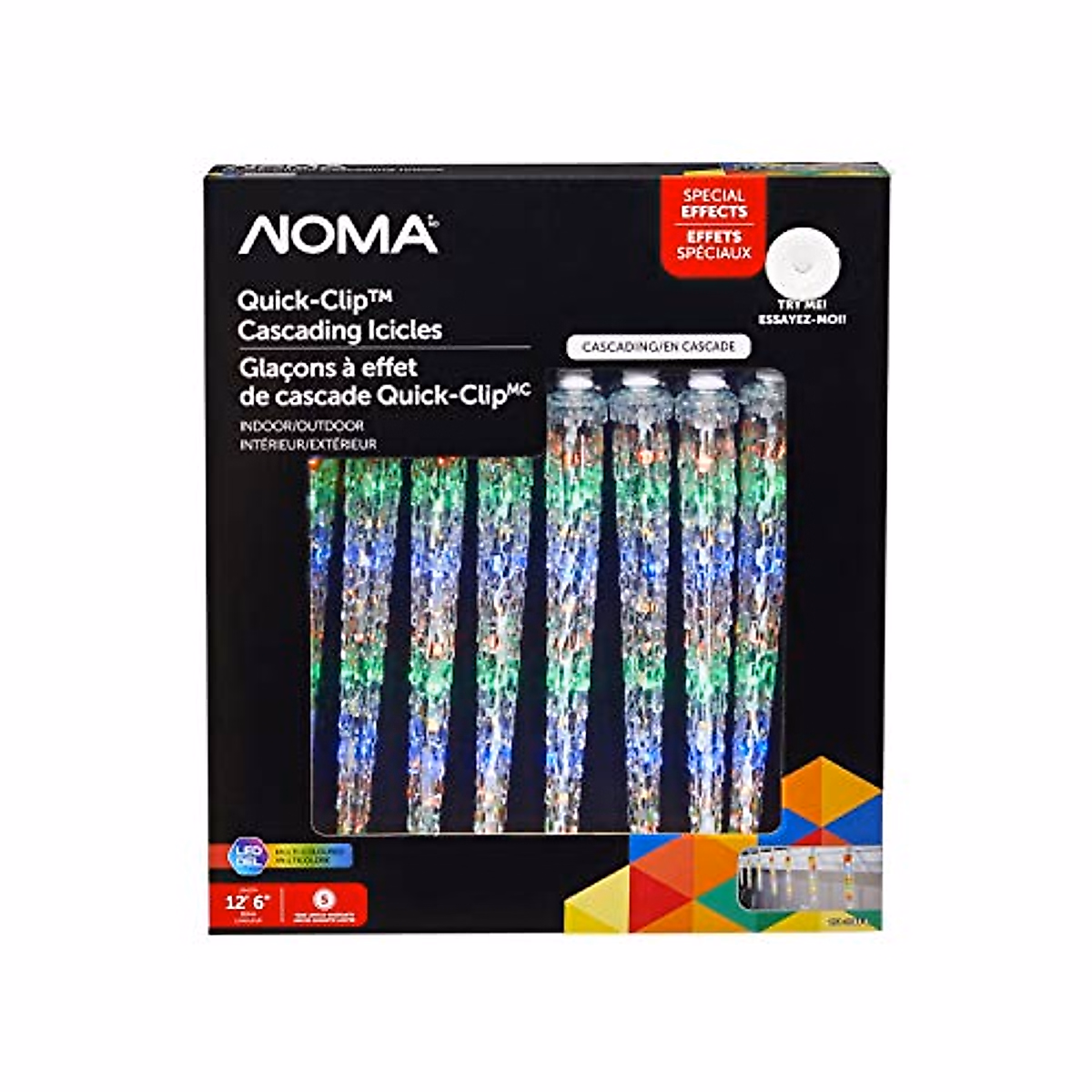Noma LED Quick-Clip Cascading Shooting Star Icicle Christmas Lights | Built-in Clip-On Icicle Lights | 10 Multi-Color Bulbs | 12.6 Ft. White Wire Strand 