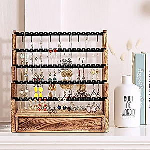 Earring Organizer, 5 Layer Earring Holder Organizer with Metal Necklace Holder Pole, Rustic Wood Jewelry Organizer Stand Display for Stud Earring Bracelet Necklace Ring, 175 Earring Holes (Brown)
