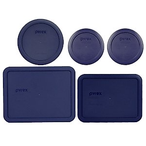 Pyrex (2) 7200-PC 2 Cup, (1) 7201-PC 4 Cup, (1) 7210-PC 3 Cup, and (1) 7211-PC 6 Cup Blue Plastic Storage Lids Made in the USA